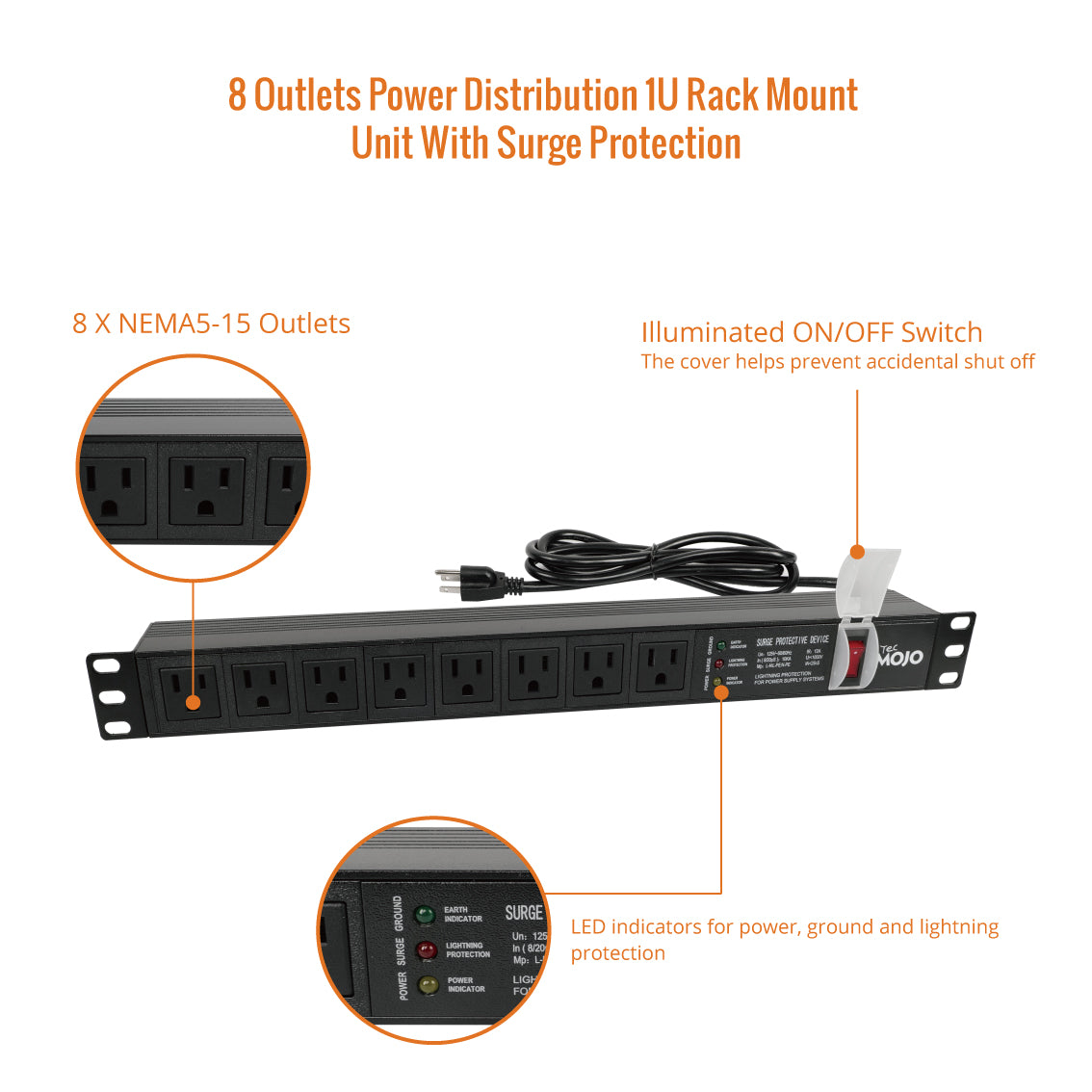 Tecmojo 1U Rack Mount 8 Outlet Power Distribution Unit With Surge Prot
