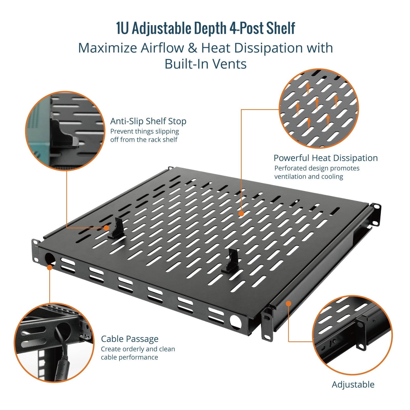 Tecmojo 1U 4-Post Sliding Vented Rack Shelf with Adjustable Depth 14-1